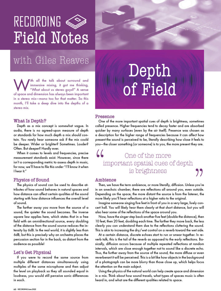 RECORDING Field Notes – Depth of Field – Recording Magazine